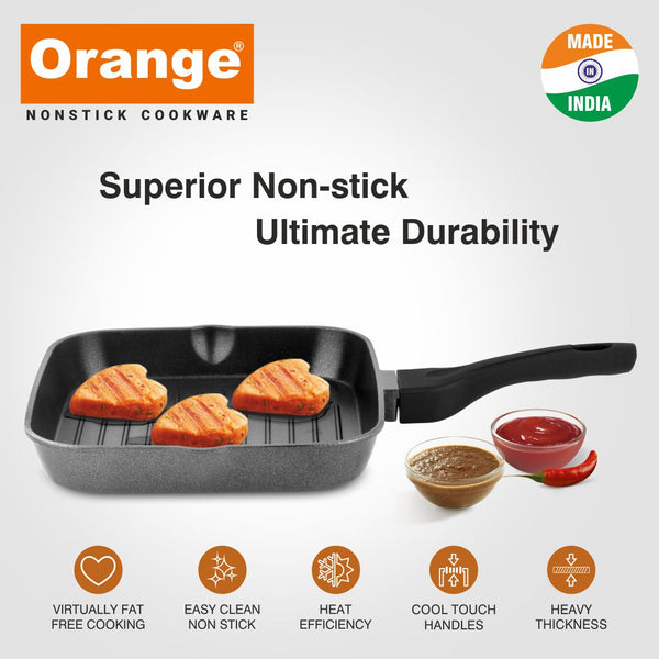 Orange Aluminum Die-Cast | Non Stick Square Grill Pan with Long Handle ...