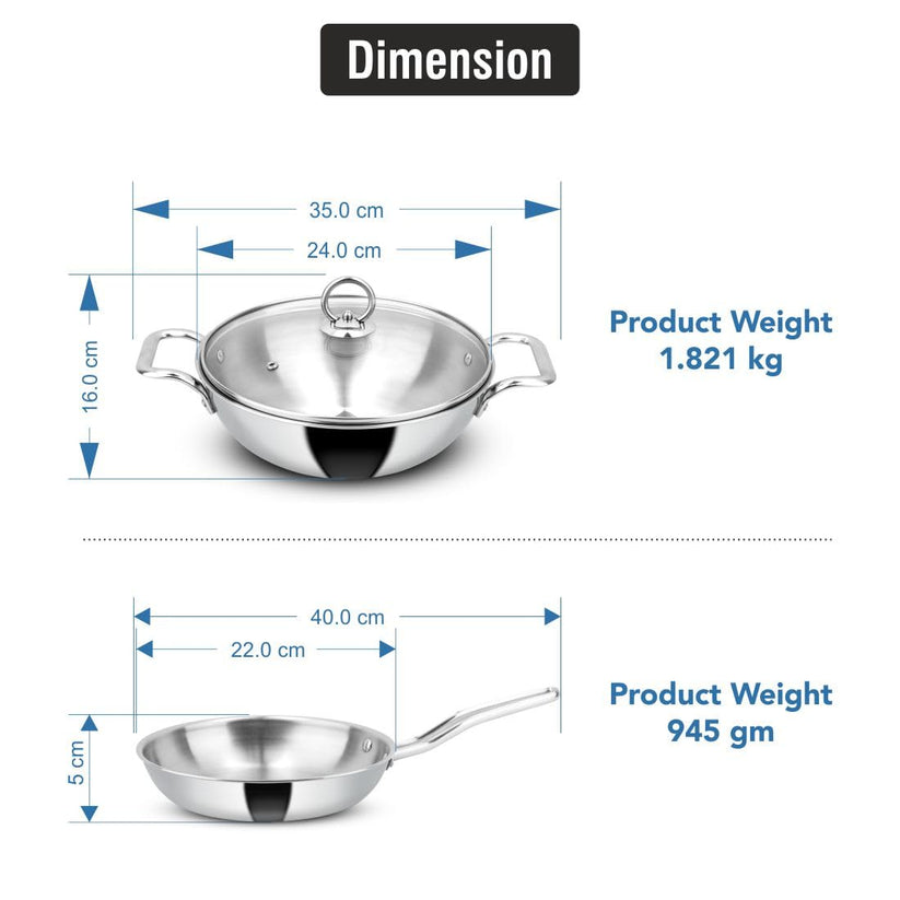 Orange Stainless Steel Triply 3 pc Combo Cookware Set | (Kadai 3ltr, 2 ...