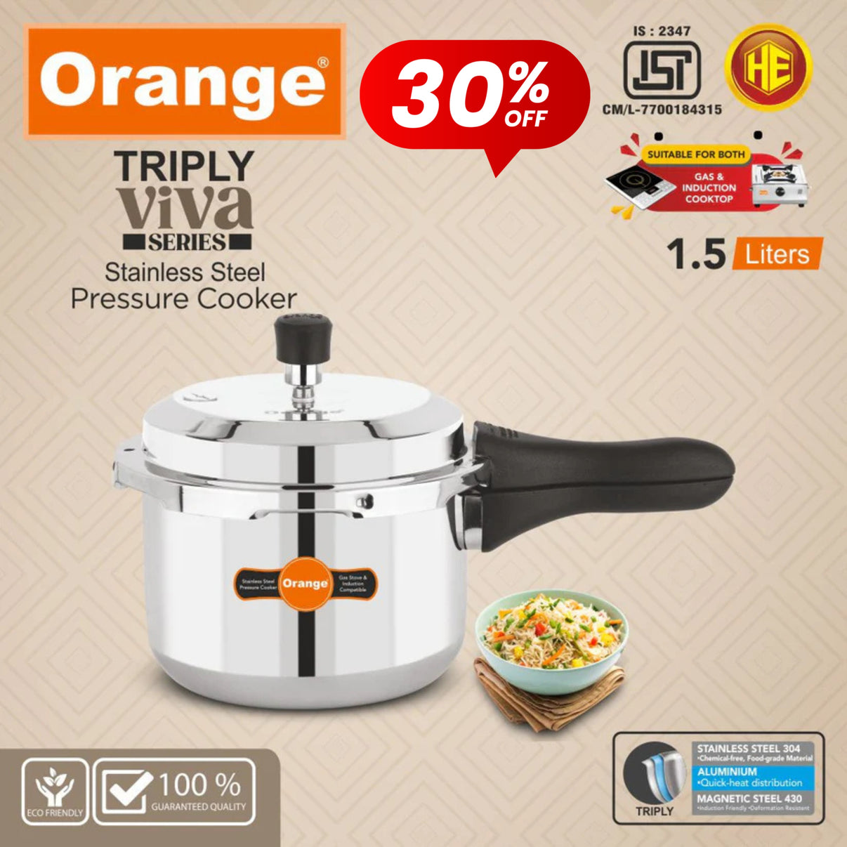 Orange Viva Series Triply Stainless Steel Outer Lid Pressure Cooker ...