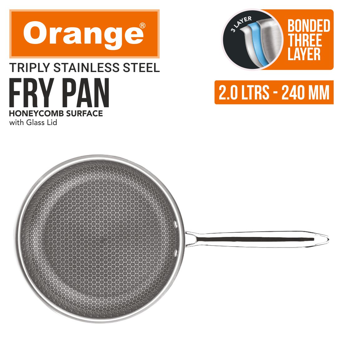 Triply Stainless Steel Honeycomb Fry Pan/Kadai with Glass lid – Orange ...