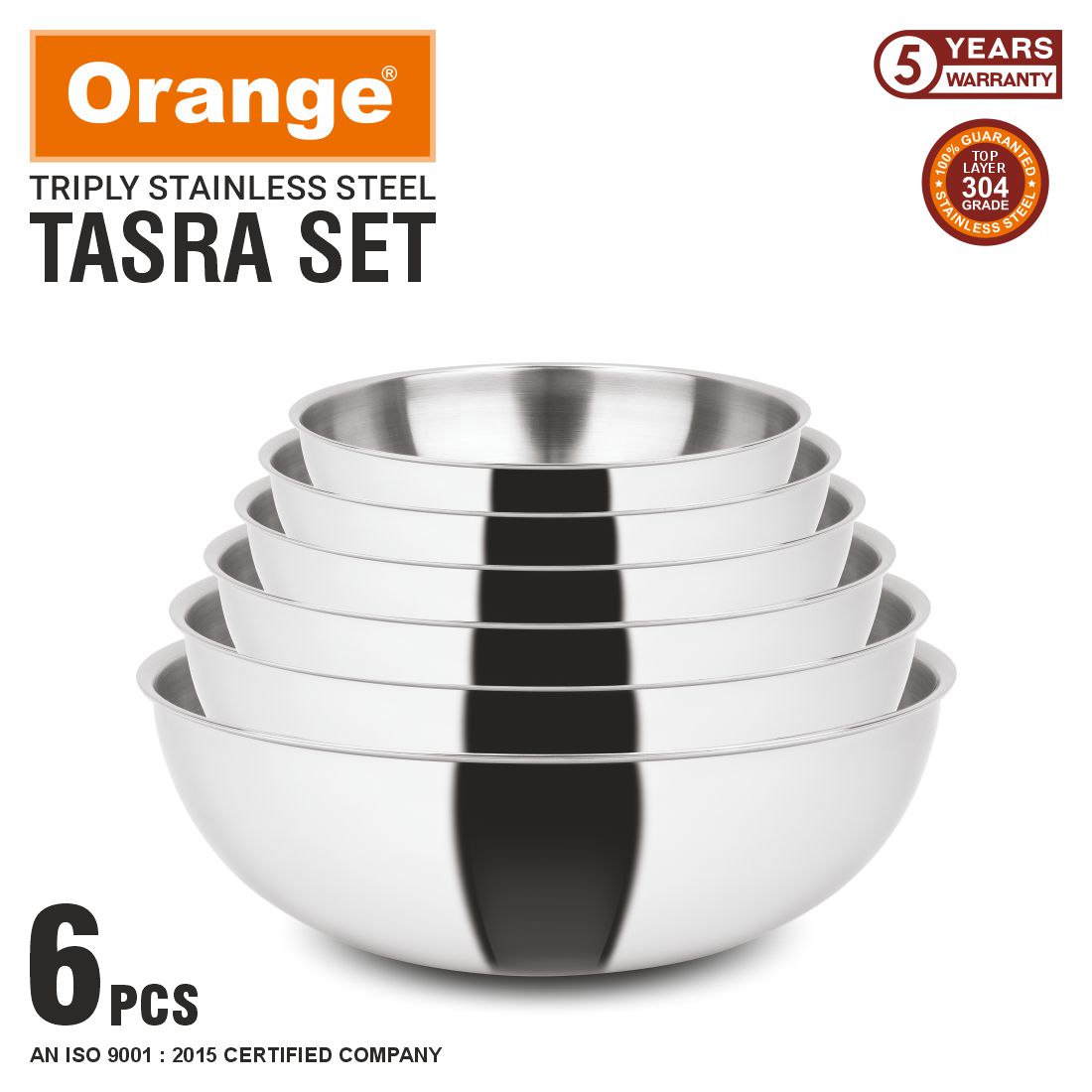 Orange Triply Stainless Steel Tasra set of 6 Without Lid, 3 Layers Kad ...